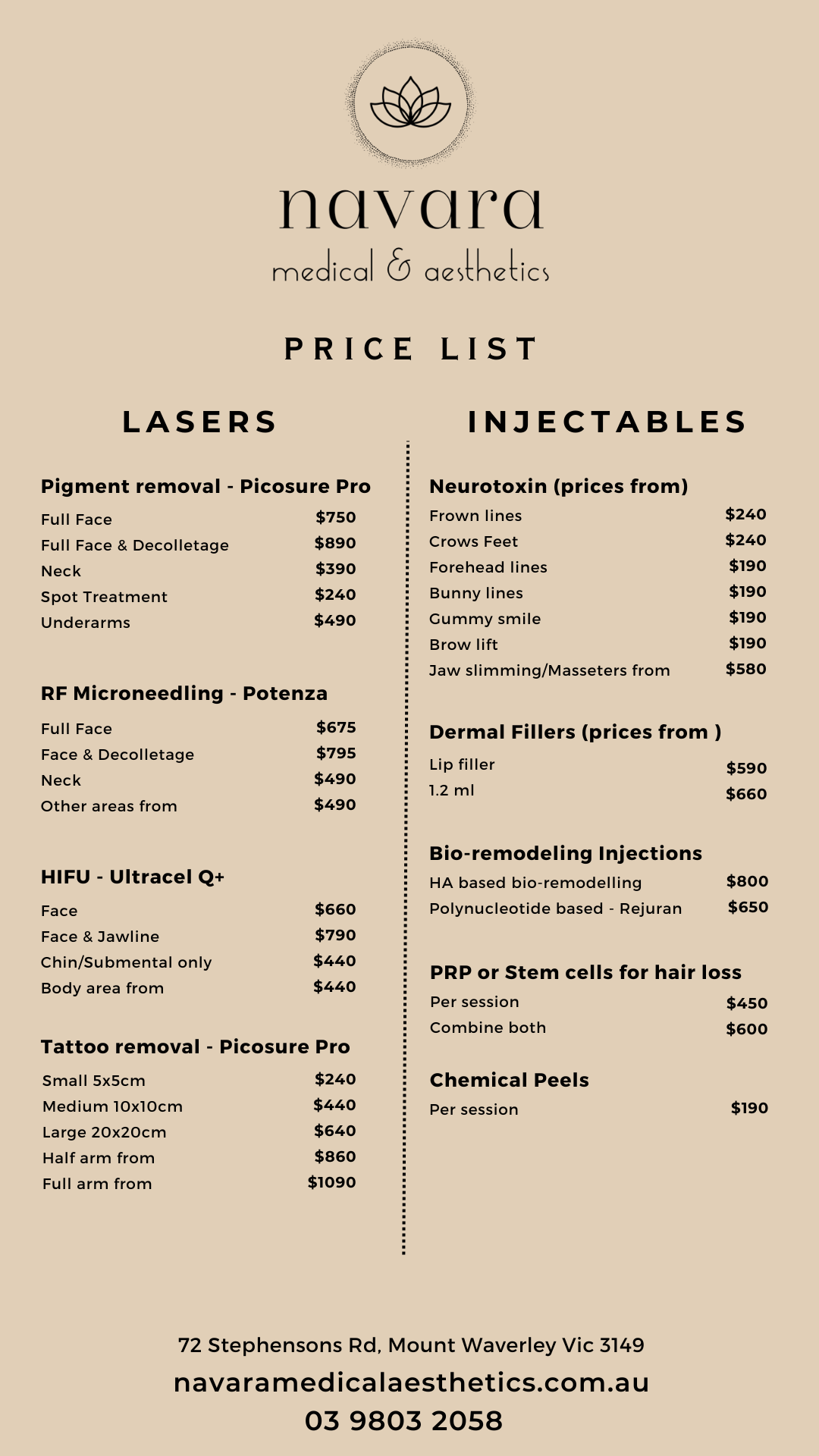 Price List – Navara Medical & Aesthietics